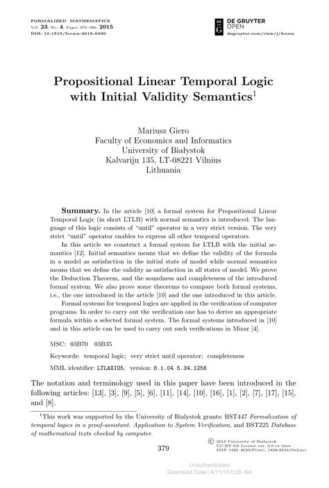 pdf propositional linear temporal logic with initial validity semantics1
