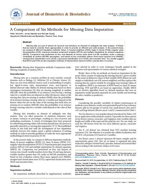 a comparison of six methods for missing data imputation 2155 6180 1000224 pdf pdf cluster