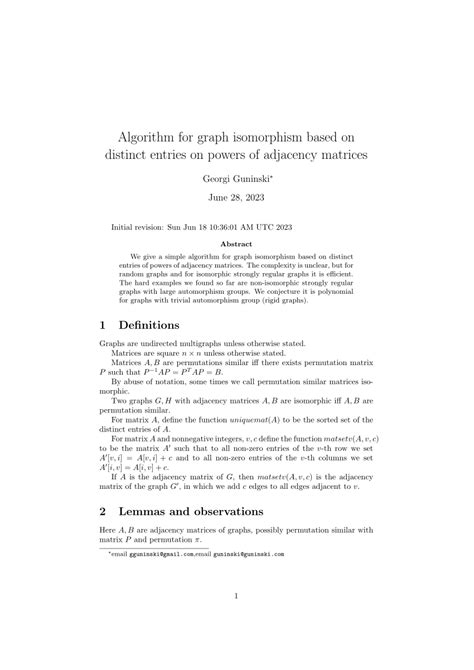 pdf algorithm for graph isomorphism based on distinct entries on powers of adjacency matrices