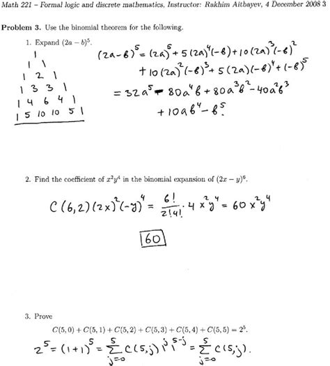binomial theorem problems with answer key math 221 docsity