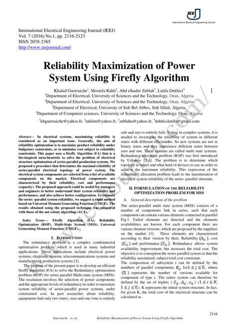 pdf reliability maximization of power system using firefly algorithm