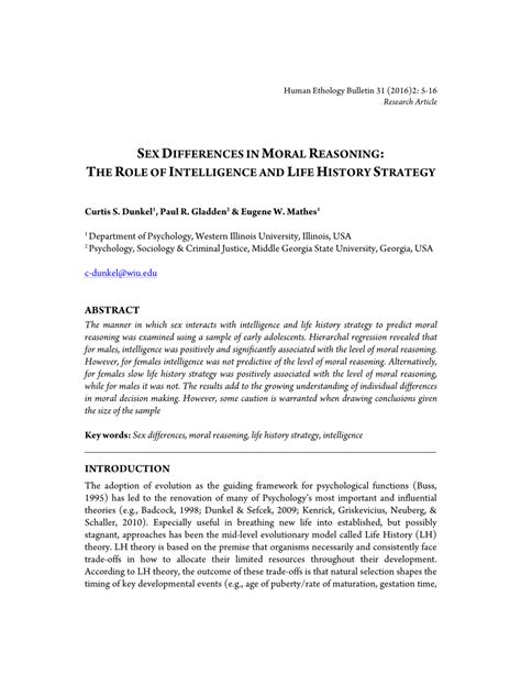 pdf sex differences in moral reasoning the role of intelligence and life history strategy