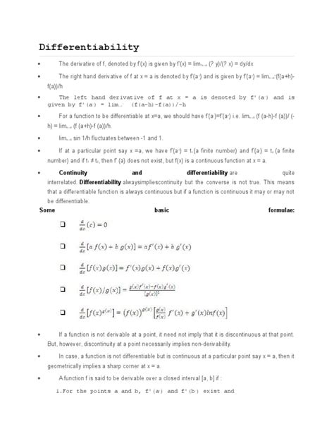 a comprehensive guide to differentiability concepts properties formulae and examples pdf