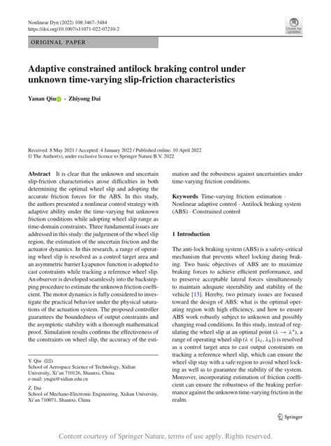 adaptive constrained antilock braking control under unknown time varying slip friction
