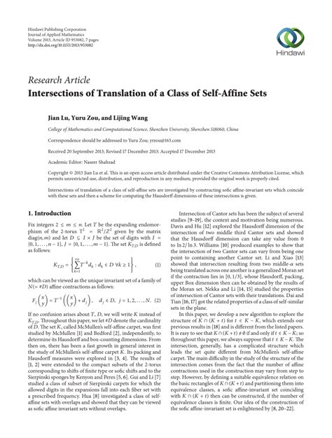 pdf intersections of translation of a class of self affine sets