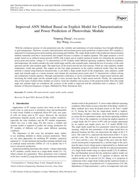 pdf improved ann method based on explicit model for characterization and power prediction of