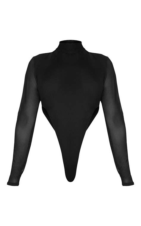 Shape Black Mesh High Leg Long Sleeve Bodysuit Prettylittlething Ksa