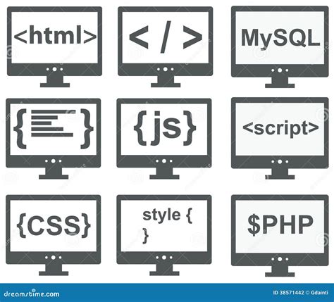 vector collection of web development icons html css tag mysql curves php script style