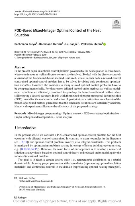 pod based mixed integer optimal control of the heat equation request pdf