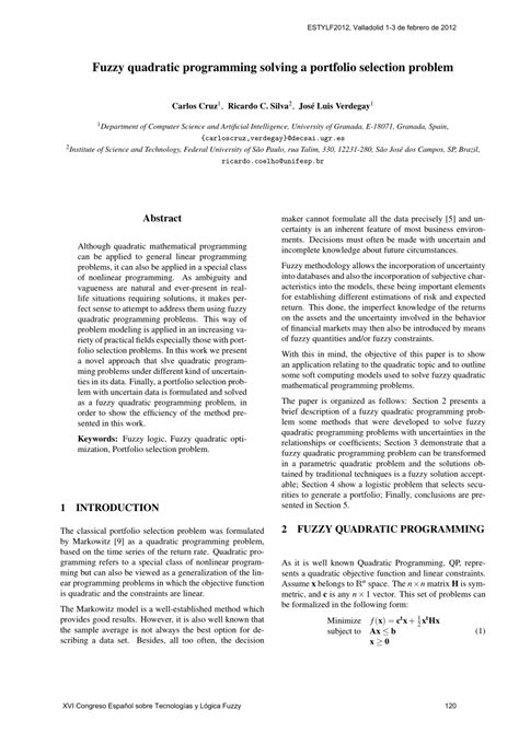 pdf fuzzy quadratic programming solving a portfolio selection problem