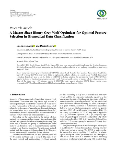 pdf a master slave binary grey wolf optimizer for optimal feature selection in biomedical data