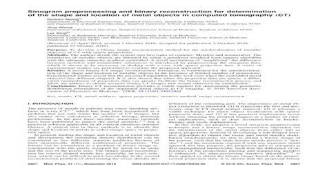sinogram preprocessing and binary reconstruction for determination of the shape and location of