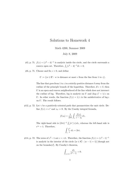 solutions to homework 4 introduction complex variables math 4200 assignments mathematics