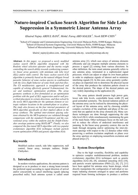 pdf nature inspired cuckoo search algorithm for side lobe suppression in a symmetric linear