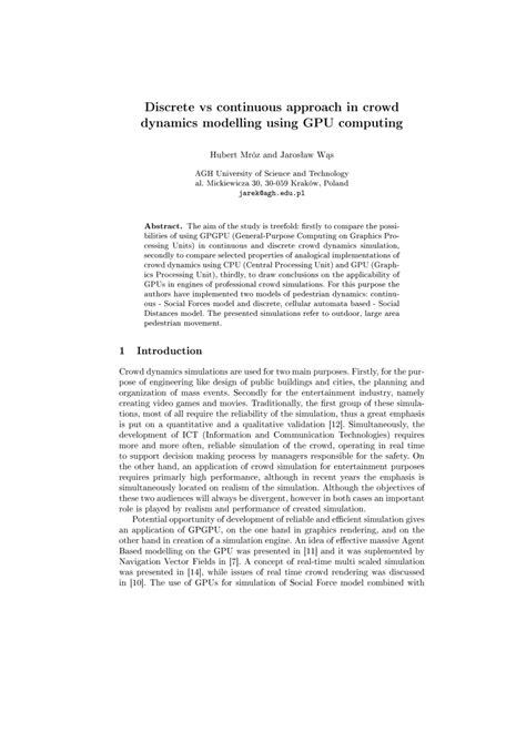 pdf discrete vs continuous approach in crowd dynamics modeling using gpu computing