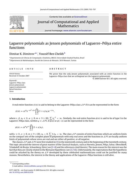 pdf laguerre polynomials as jensen polynomials of laguerre pólya entire functions
