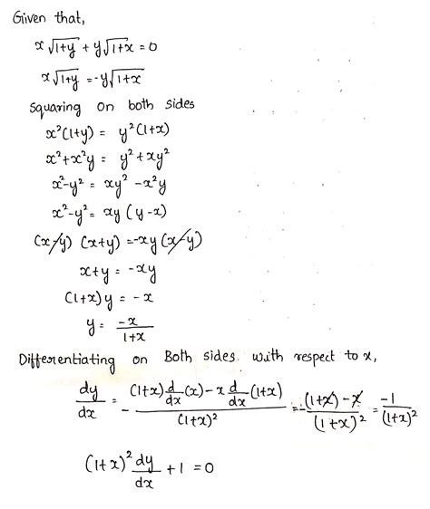 if x √ 1 y y √ 1 x 0 then prove that 1 x 2 dydx 1 0
