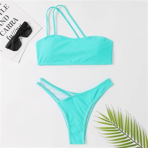Cheap New One Shoulder Splicing Split Swimsuit Steel Bracket Gathered Bikini Swimsuit Beach