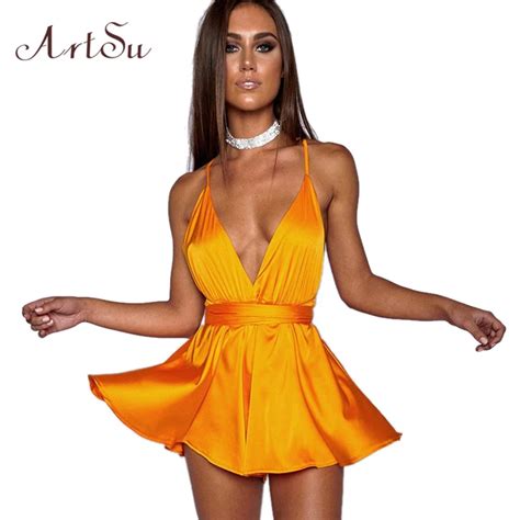 Artsu Women Sexy Satin Dress Summer Solid Nightclub Female V Neck Strap Backless Evening Party