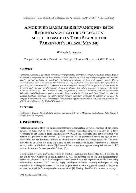 pdf a modified maximum relevance minimum redundancy feature selection method based on tabu