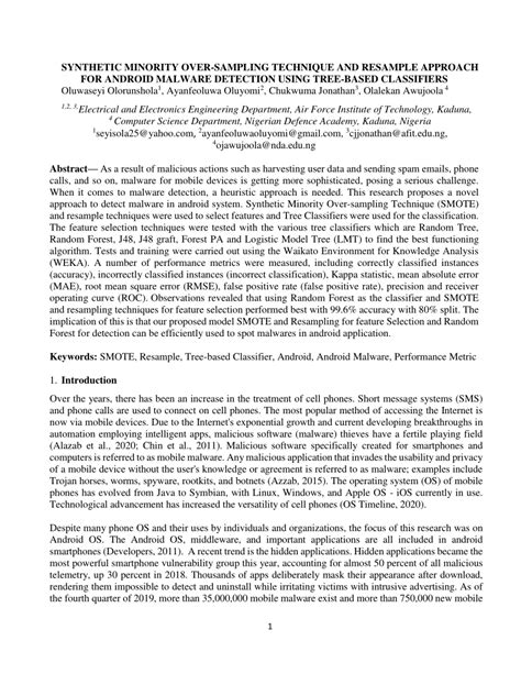 pdf synthetic minority over sampling technique and resample approach for android malware