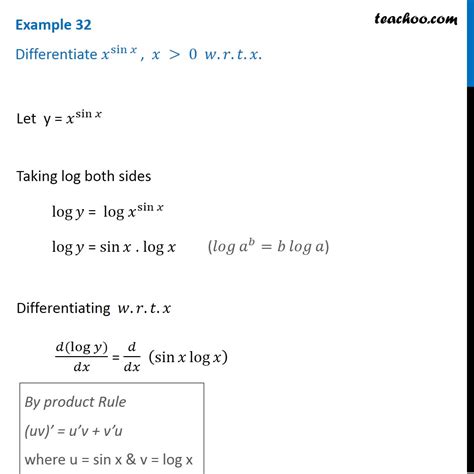 example 32 differentiate xsin x chapter 5 class 12 logarithmic d