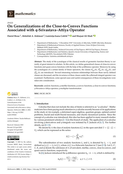 pdf on generalizations of the close to convex functions associated with q srivastava attiya