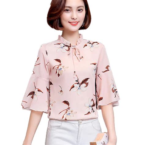 Fashion Summer Womens Chiffon Floral Blouses For Party Wedding Elegant Ladies Flare Sleeve