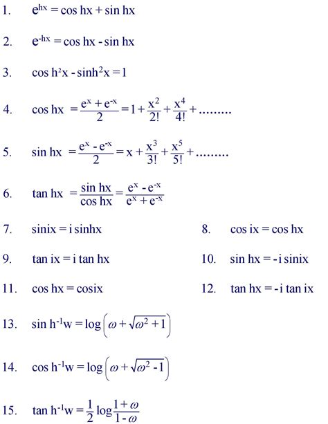 hyperbolic functions formula formula in maths