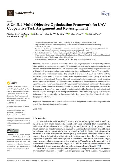 pdf a unified multi objective optimization framework for uav cooperative task assignment and