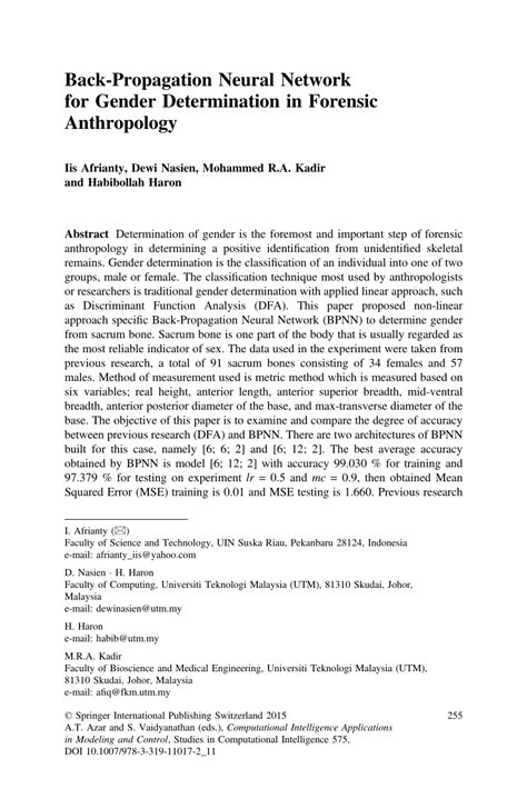 pdf backpropagation neural network for sex determination from patella in forensic anthropology