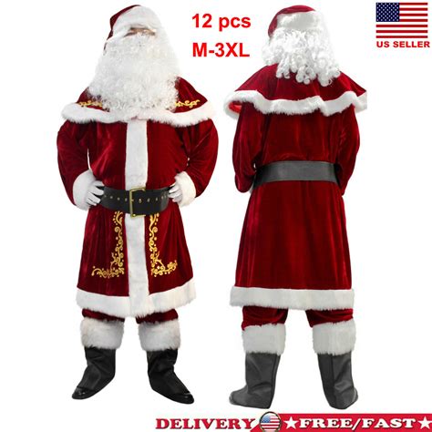 Mens Deluxe Santa Suit 12pc Christmas Adult Santa Claus Costume Ebay