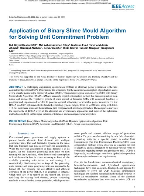 pdf application of binary slime mould algorithm for solving unit commitment problem