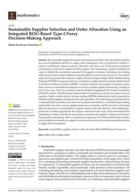 pdf sustainable supplier selection and order allocation using an integrated rog based type 2