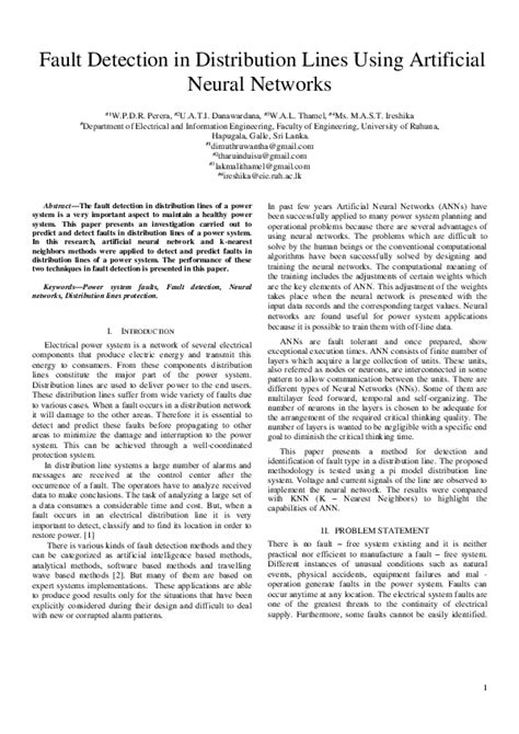 pdf fault detection in distribution lines using artificial neural networks tharindu