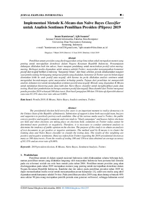 pdf implementasi metode k means dan naïve bayes classifier untuk analisis sentimen pemilihan