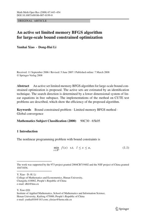 pdf an active set limited memory bfgs algorithm for large scale bound constrained optimization