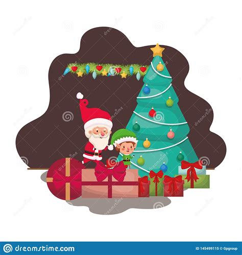 Santa Claus And Elf With Christmas Tree And Ts Stock Vector Illustration Of Present Elves