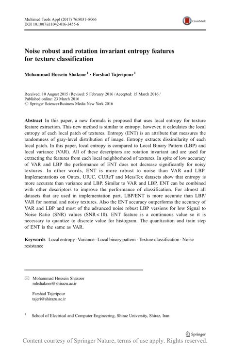 noise robust and rotation invariant entropy features for texture classification request pdf