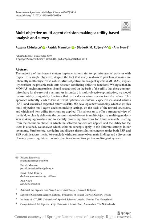 multi objective multi agent decision making a utility based analysis and survey request pdf