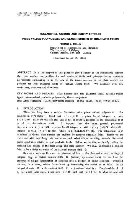 pdf prime valued polynomials and class numbers of quadratic fields