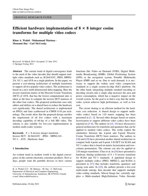 pdf efficient hardware implementation of 8 × 8 integer cosine transforms for multiple video codecs