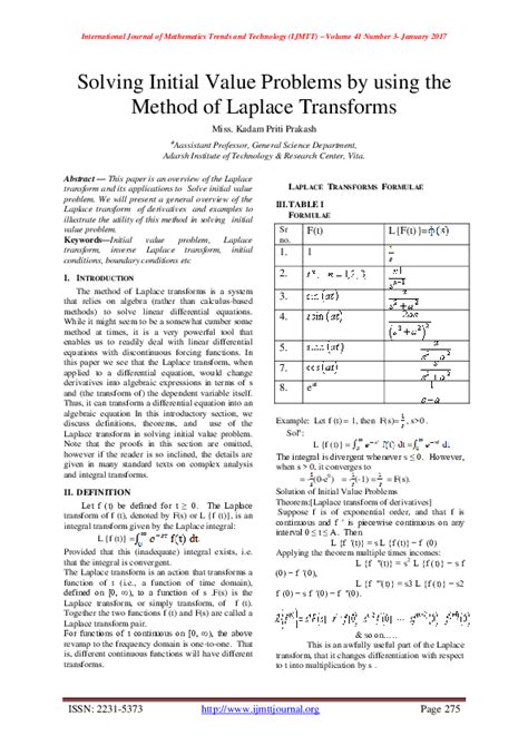 pdf solving initial value problems by using the method of laplace transforms priti prakash