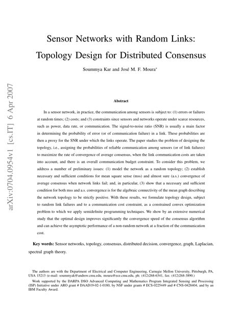 pdf sensor networks with random links topology design for distributed consensus