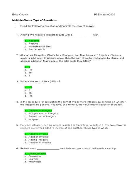 multiple choice type of questions pdf integer mathematics