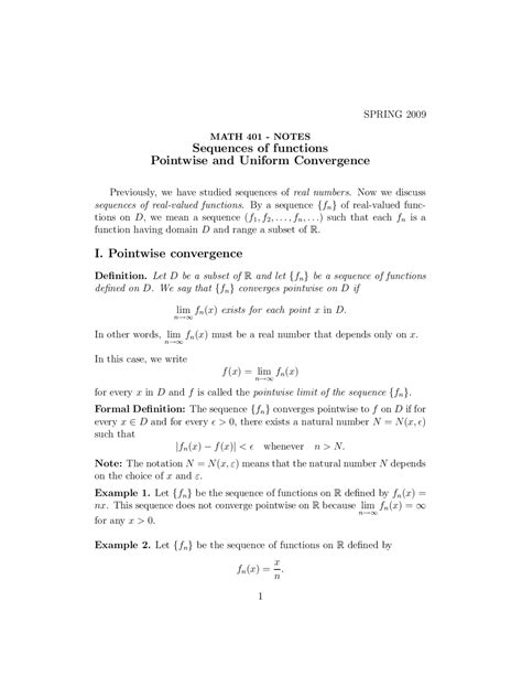 sequences of functions pointwise and uniform convergence math 401 docsity