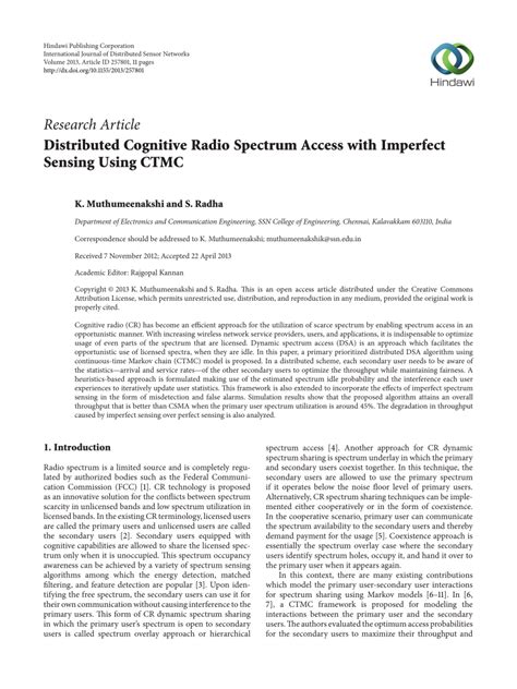 pdf distributed cognitive radio spectrum access with imperfect sensing using ctmc