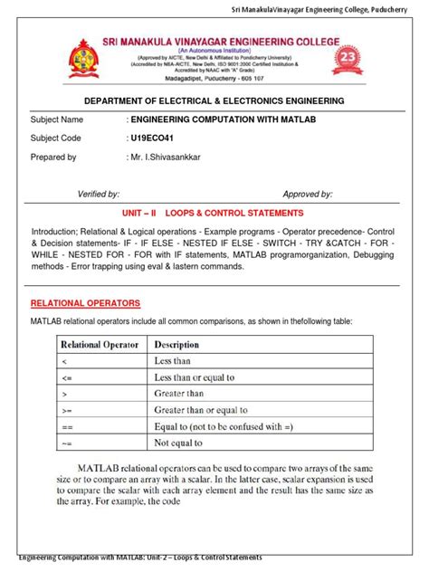 unit 2 engineering computation with matlab pdf control flow computer program