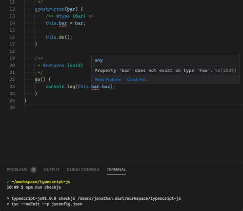 javascript with ts check and jsdoc shows different errors than using tsc directly · issue