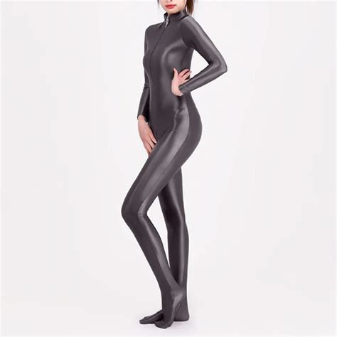 Women Oily Glossy Long Sleeve Elastic Bodysuit Full Body Tights Crotchless Satin Pantyhose